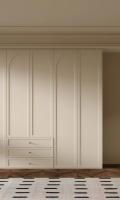 China French Cream Arched Recessed Panel Wardrobe With Floating Wood Dressing Desk & Open Display Nook for sale
