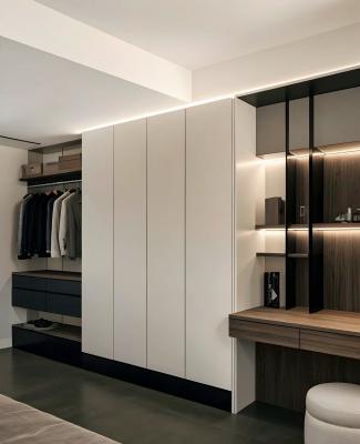 China Italian Minimalist Two-Tone White & Dark Wood Walk-In Wardrobe With Integrated Dressing Table & Backlit Display Shelves for sale