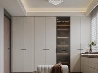China Minimalist Cream Floor-To-Ceiling Wardrobe With Smoke Glass Backlit Display Cabinet & Side Drawer Vanity Unit for sale