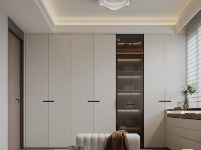 China Minimalist Cream Floor-To-Ceiling Wardrobe With Smoke Glass Backlit Display Cabinet & Side Drawer Vanity Unit for sale