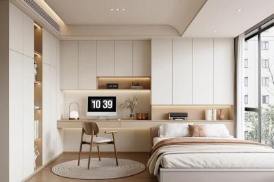 China Cream Wood Grain Handle-Free Integrated Wardrobe, Floating Desk & Bedside Background Cabinet for sale