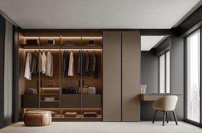 China Italian Dark Coffee Glass Walk-In Wardrobe With Integrated Floating Dressing Table & Full Backlit Storage System for sale
