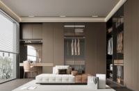 China Italian Light Walnut Wood Veneer Full-Wall Wardrobe With Smoke Glass Display Cabinets & Fluted Integrated Dressing Table for sale