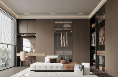 China Italian Light Walnut Wood Veneer Full-Wall Wardrobe With Smoke Glass Display Cabinets & Fluted Integrated Dressing Table for sale