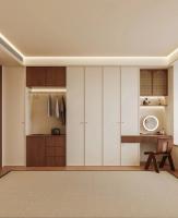 China French Cream & Walnut Two-Tone Wardrobe With Rattan Display Cabinet & Integrated Fluted Dressing Table for sale