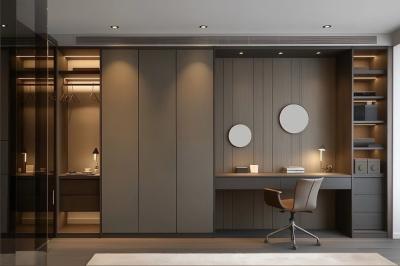 China Italian Dark Gray Vertical Fluted Wood Full-Wall Integrated Wardrobe, Dressing Desk & Glass Display Closet for sale