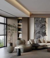 China Modern Italian Minimalist Integrated Living Room Wall Panel System, Vertical Fluted Wood Slat Background Wall, Natural Stone Accent Wall & Hidden Floor-To-Ceiling Concealed Door for sale