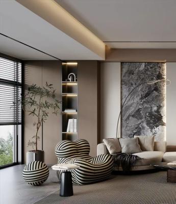 China Modern Italian Minimalist Integrated Living Room Wall Panel System, Vertical Fluted Wood Slat Background Wall, Natural Stone Accent Wall & Hidden Floor-To-Ceiling Concealed Door for sale