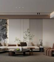 China Modern Italian Minimalist Integrated Living Room Wall Panel System, Vertical Fluted Wood Slat Background Wall, Natural Stone Accent Wall & Hidden Floor-To-Ceiling Concealed Door for sale