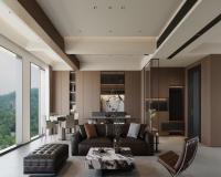 China Italian Dark Oak Wood Quiet Luxury Integrated Living & Dining Full Wall Custom Cabinet System, TV Background Wall, Backlit Glass Wine Cabinet, Marble Accent Wall & Fluted Concealed Door for sale