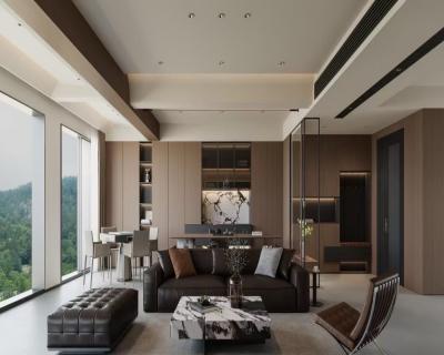 China Italian Dark Oak Wood Quiet Luxury Integrated Living & Dining Full Wall Custom Cabinet System, TV Background Wall, Backlit Glass Wine Cabinet, Marble Accent Wall & Fluted Concealed Door for sale