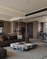 China Italian Dark Oak Wood Quiet Luxury Integrated Living & Dining Full Wall Custom Cabinet System, TV Background Wall, Backlit Glass Wine Cabinet, Marble Accent Wall & Fluted Concealed Door for sale