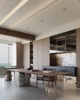 China Italian Dark Oak Wood Quiet Luxury Integrated Living & Dining Full Wall Custom Cabinet System, TV Background Wall, Backlit Glass Wine Cabinet, Marble Accent Wall & Fluted Concealed Door for sale