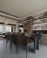 China Italian Dark Oak Wood Quiet Luxury Integrated Living & Dining Full Wall Custom Cabinet System, TV Background Wall, Backlit Glass Wine Cabinet, Marble Accent Wall & Fluted Concealed Door for sale