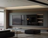 China Modern Italian Minimalist Light Oak & Dark Gray Two-Tone Integrated Living-Dining-Kitchen Custom Cabinet System, Floating TV Background Wall, Backlit Glass Book Cabinet, Kitchen Island & Coffee Bar Ca for sale