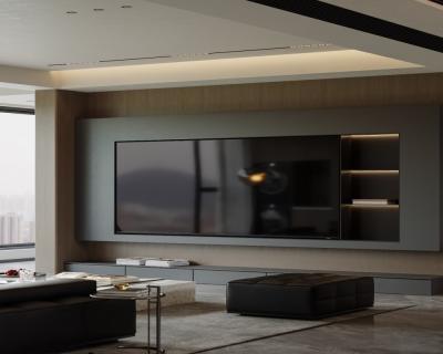 China Modern Italian Minimalist Light Oak & Dark Gray Two-Tone Integrated Living-Dining-Kitchen Custom Cabinet System, Floating TV Background Wall, Backlit Glass Book Cabinet, Kitchen Island & Coffee Bar Ca for sale