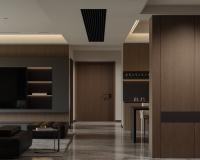 China Modern Italian Minimalist Light Oak & Dark Gray Two-Tone Integrated Living-Dining-Kitchen Custom Cabinet System, Floating TV Background Wall, Backlit Glass Book Cabinet, Kitchen Island & Coffee Bar Ca for sale