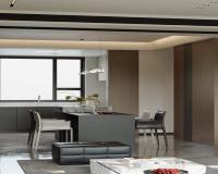 China Modern Italian Minimalist Light Oak & Dark Gray Two-Tone Integrated Living-Dining-Kitchen Custom Cabinet System, Floating TV Background Wall, Backlit Glass Book Cabinet, Kitchen Island & Coffee Bar Ca for sale