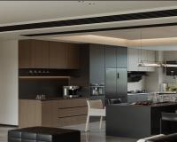 China Modern Italian Minimalist Light Oak & Dark Gray Two-Tone Integrated Living-Dining-Kitchen Custom Cabinet System, Floating TV Background Wall, Backlit Glass Book Cabinet, Kitchen Island & Coffee Bar Ca for sale