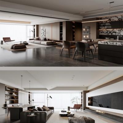 China Modern Italian Quiet Luxury Dark Oak & Matte Dark Gray Integrated Living & Dining Full Wall Custom Cabinet System, TV Background Wall, Backlit Display Cabinet, Marble Water Bar & Work Desk Cabinet for sale
