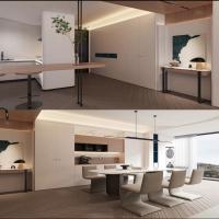 China Modern Cream Light Wood Minimalist Integrated Living-Dining-Kitchen Custom Cabinet System, Full Wall Handle-Free Concealed Cabinet, Dining Side Bar, Coffee Water Bar & Integrated Kitchen Cabinet for sale