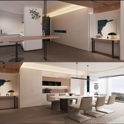 China Modern Cream Light Wood Minimalist Integrated Living-Dining-Kitchen Custom Cabinet System, Full Wall Handle-Free Concealed Cabinet, Dining Side Bar, Coffee Water Bar & Integrated Kitchen Cabinet for sale