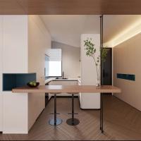 China Modern Cream Light Wood Minimalist Integrated Living-Dining-Kitchen Custom Cabinet System, Full Wall Handle-Free Concealed Cabinet, Dining Side Bar, Coffee Water Bar & Integrated Kitchen Cabinet for sale