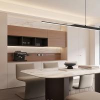China Modern Cream Light Wood Minimalist Integrated Living-Dining-Kitchen Custom Cabinet System, Full Wall Handle-Free Concealed Cabinet, Dining Side Bar, Coffee Water Bar & Integrated Kitchen Cabinet for sale