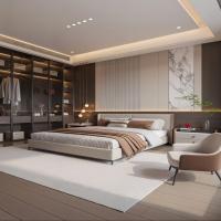 China Modern Italian Quiet Luxury Dark Oak Two-Tone Whole House Integrated Custom Cabinet System, Living Room TV Wall, Dining Sideboard, Master Bedroom Wardrobe, Glass Walk-In Closet & Fluted Wood Bed Head for sale