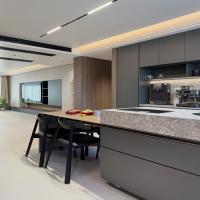 China Italian Minimalist Dark Gray & Wood Living-Dining-Kitchen Custom Cabinet for sale
