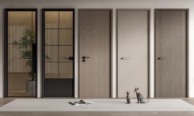 China Minimalist Narrow Frame Zero-Paint Veneer Interior Door Series (Black Frame Fluted Glass & Solid Wood Flat Doors) for sale