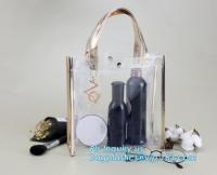 China promotional clear pvc cosmetic bags handle zipper for sale, eco soft loop die cut pvc clear handle plastic shopping bags for sale