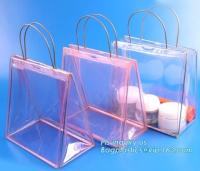 China pvc packaging shopping handle bag with button, promotional clear tote pvc handle shopping bag pvc tote bag, die cut hand for sale