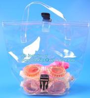 China pvc packaging shopping handle bag with button, promotional clear tote pvc handle shopping bag pvc tote bag, die cut hand for sale