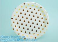 China New Design birthday Party Gold Foil Golden Dot Hot Stamped Disposable Paper Plate,12 inch large disposable round bagasse for sale