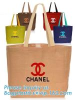 China Wholesale jute tote bags with leather handles,Reusable natural color jute tote bag for shopping, Printed jute shopping b for sale