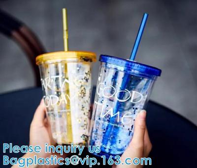 China Plastic Sequin Double Layer Insulated Water Bottle 420ml Glitter Cup for Party Wedding Home for sale