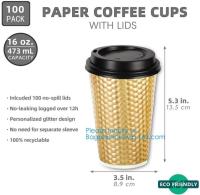 China 16 oz Gold Glitter Disposable Coffee Cups with Lids 100 Pack Insulated Hot Cups To Go for sale
