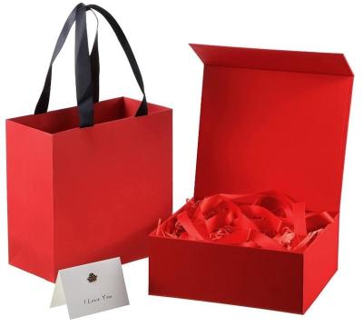 China Red Gift Box Set 20x18x8 cm with Ribbon Paper Filler Handbag Card for Valentine Proposal for sale