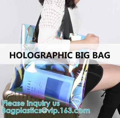 China Holographic PU Leather Tote Bag 16x11 Inch Iridescent Stadium Work Bag Clear PVC Handbag for sale