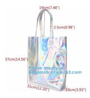 China Holographic PU Leather Tote Bag 16x11 Inch Iridescent Stadium Work Bag Clear PVC Handbag for sale