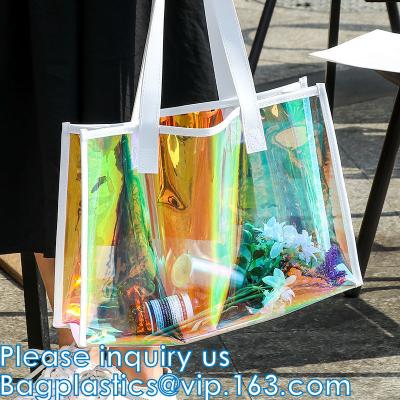 China Holographic Transparent PVC Tote Bag 42x10x31cm Eco-Friendly Women Beach Shopping Bag for sale