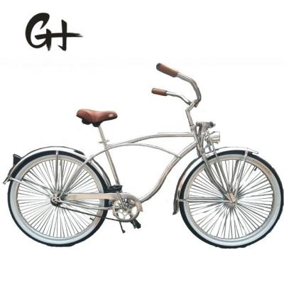 China 17kg 26inch 68Spokes Rim Sliver color CP frame Chrome paint single speed OEM/ODM men front spring fork beach cruiser bicycle for sale