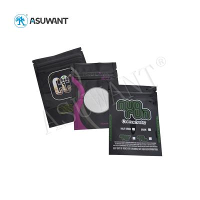 China Black Small 3 Side Seal Bag Smell Proof Zipper Top Weed Packaging Bag With Window for sale
