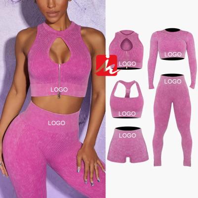 China Women 5 Piece Sports Bra And Leggings Seamless Ribbed Fitness Sets Sportswear for sale