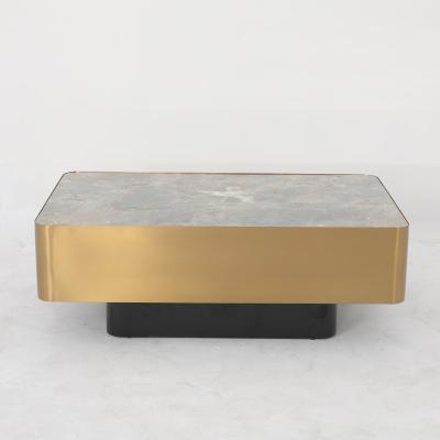 China Stainless Steel Square Coffee Table 1400x700x450mm Brushed Gold Natural Marble Top for sale