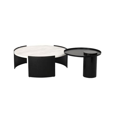 China Stainless Steel Round Coffee Table Set Satin Black Finish Natural Marble Top 900mm for sale