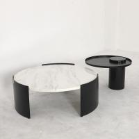 China Stainless Steel Round Coffee Table Set Satin Black Finish Natural Marble Top 900mm for sale