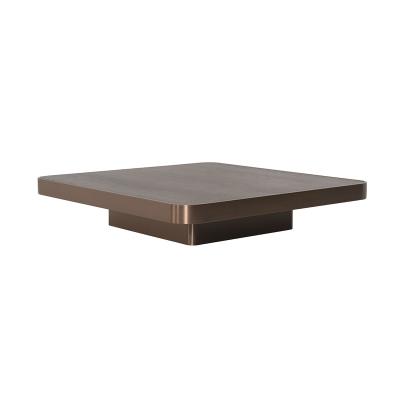 China Stainless Steel Square Coffee Table 900mm Rose Gold Satin Walnut Veneer Top Metal Legs for sale