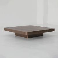 China Stainless Steel Square Coffee Table 900mm Rose Gold Satin Walnut Veneer Top Metal Legs for sale